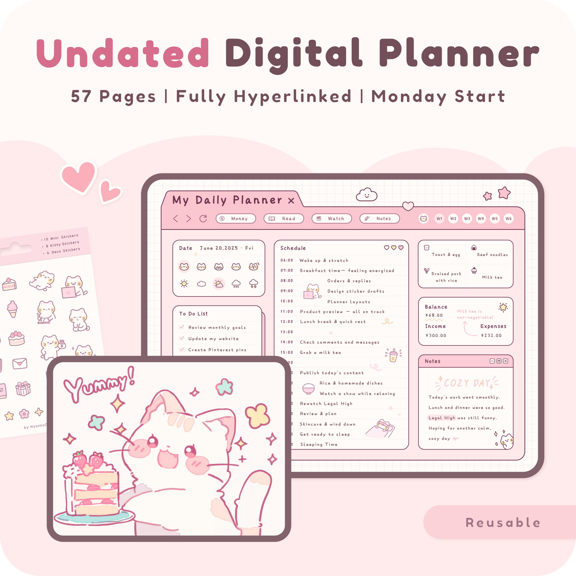 Undated Digital Planner | Monthly, Weekly, Daily | Strawberry Fluffy Ice