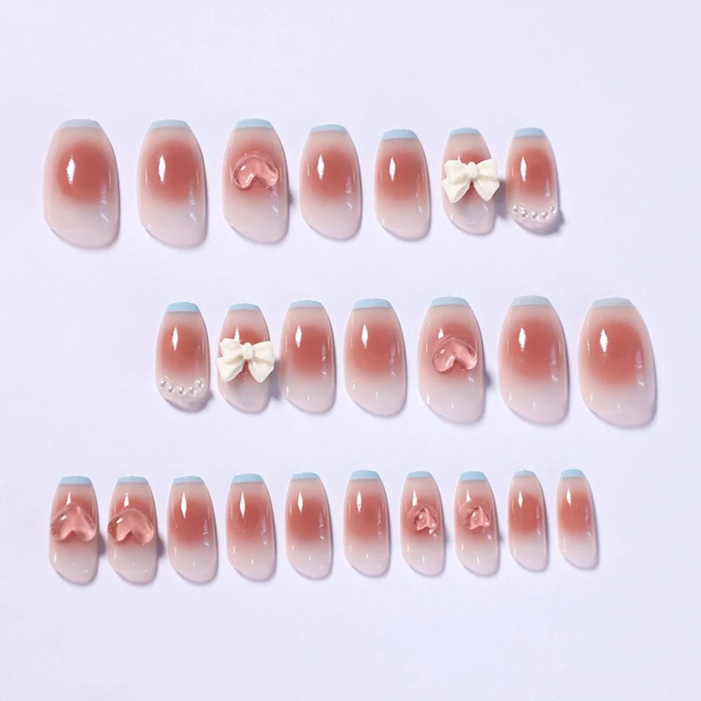 French Style White Bow False Nails Blue Border Design Full Cover Fake ...