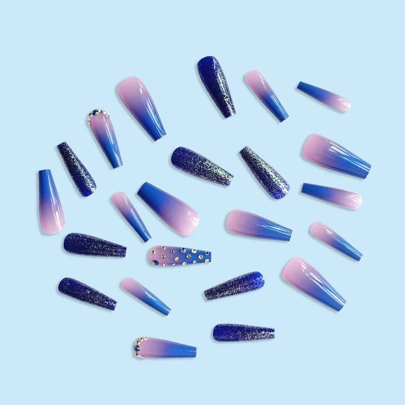 Churchf Blue Ombre Fake Nails Set Press On Faux Ongles Extra Long Stick