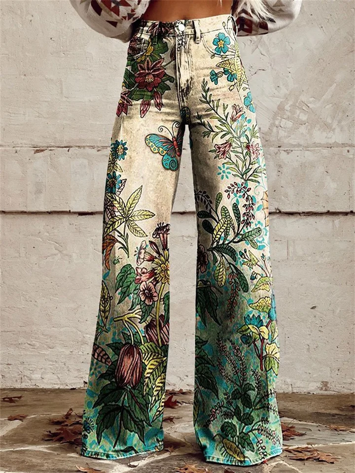 Women's New 3D Printed Flare Pants Imitation Denim Pants Jeans