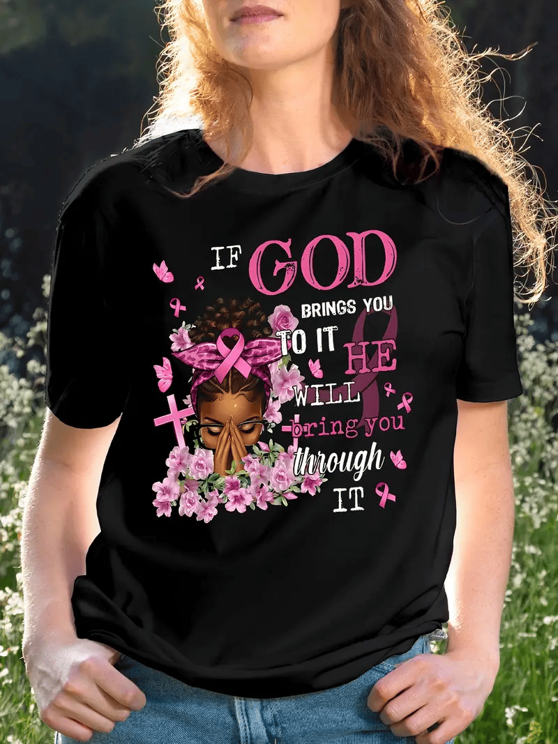Women's Breast Cancer Slogan Print T-Shirt Tops