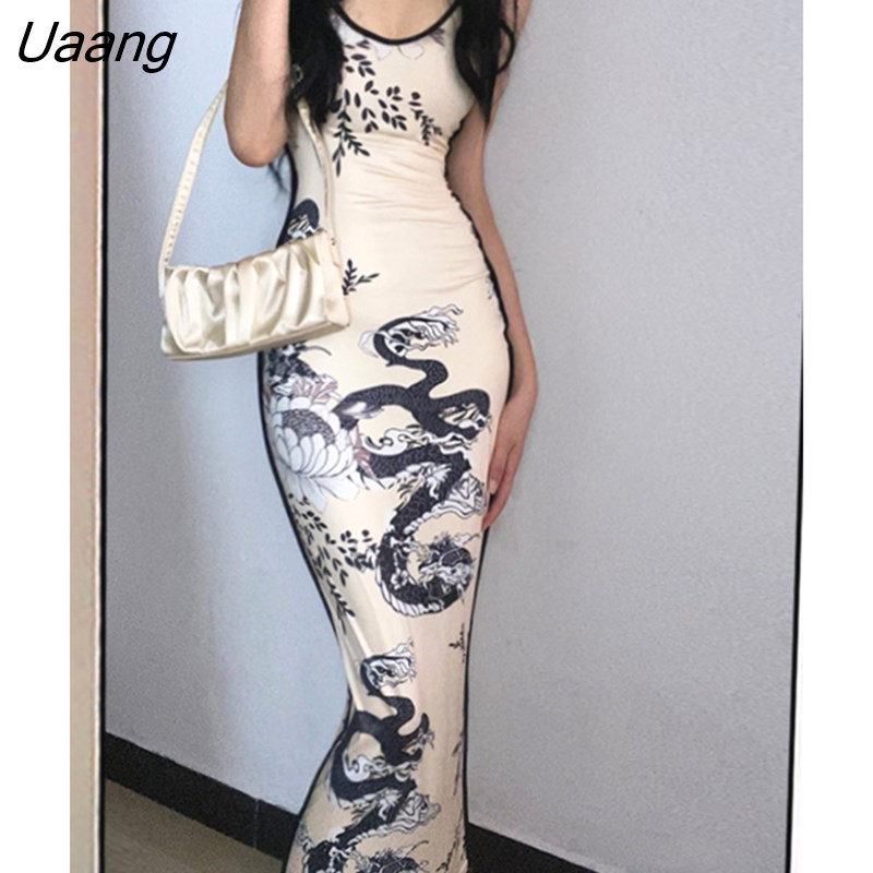 Uaang Chinese Style OL Elegant Robe Retro Dragon Print Backless Slim ...