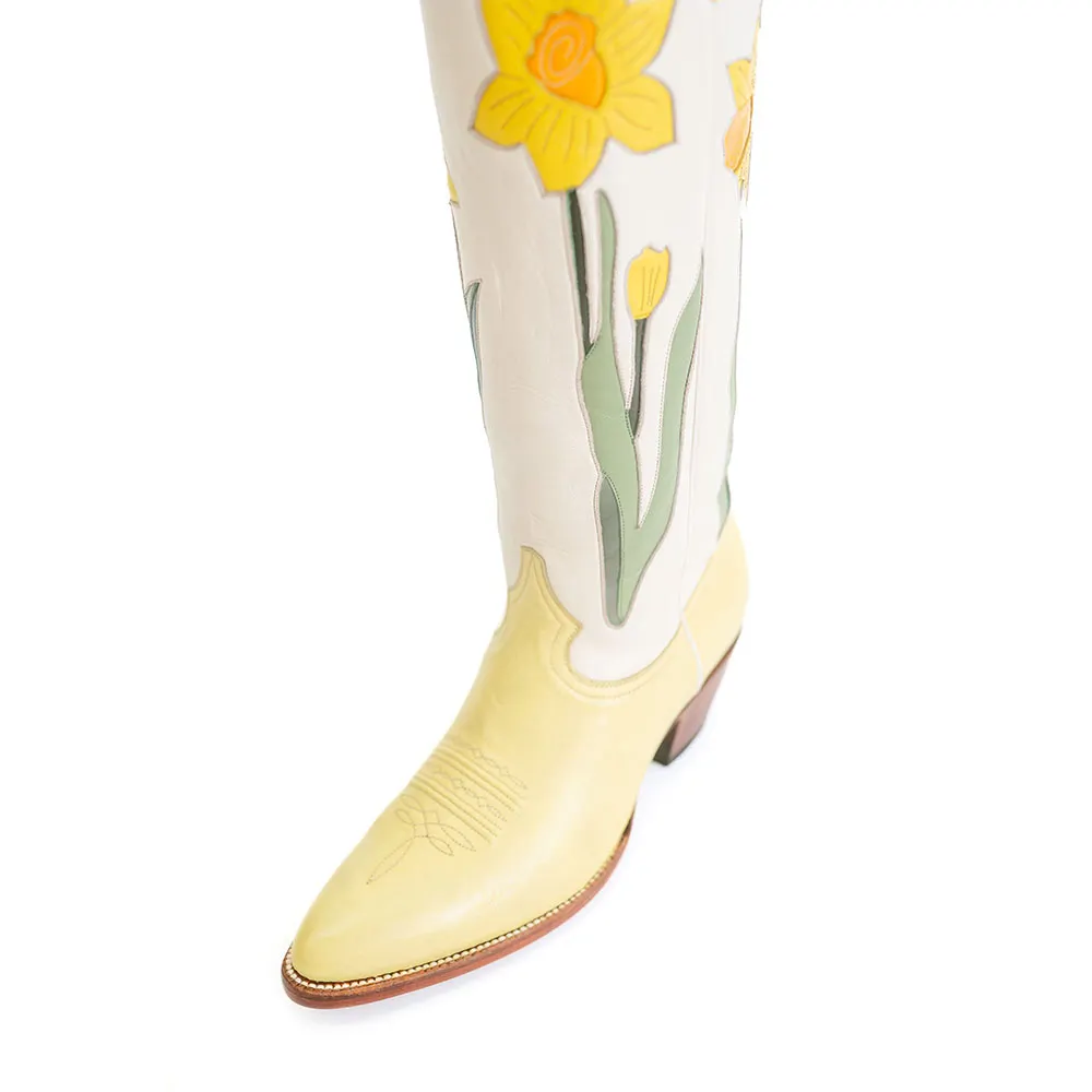Yellow & Ivory Chunky Heel Daffodil Inlay Cowgirl Boots fo Women