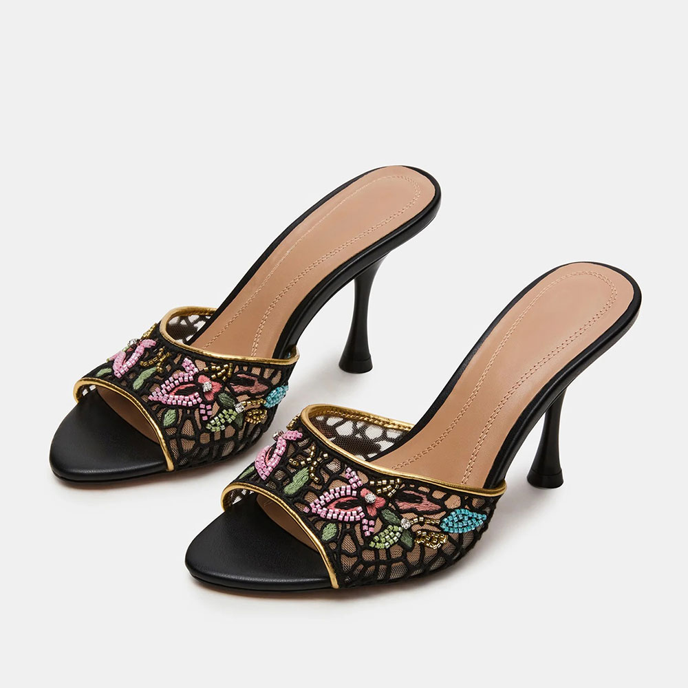 Black Open Pointed Toe Spool Heel Embroidered Mules Shoes with Beads