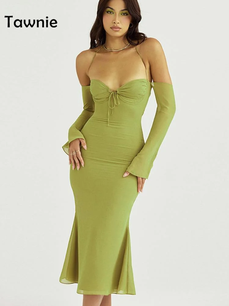 Uveng 2022 Sexy Bandage Halter Midi Dress Women Elegant Mesh Off The