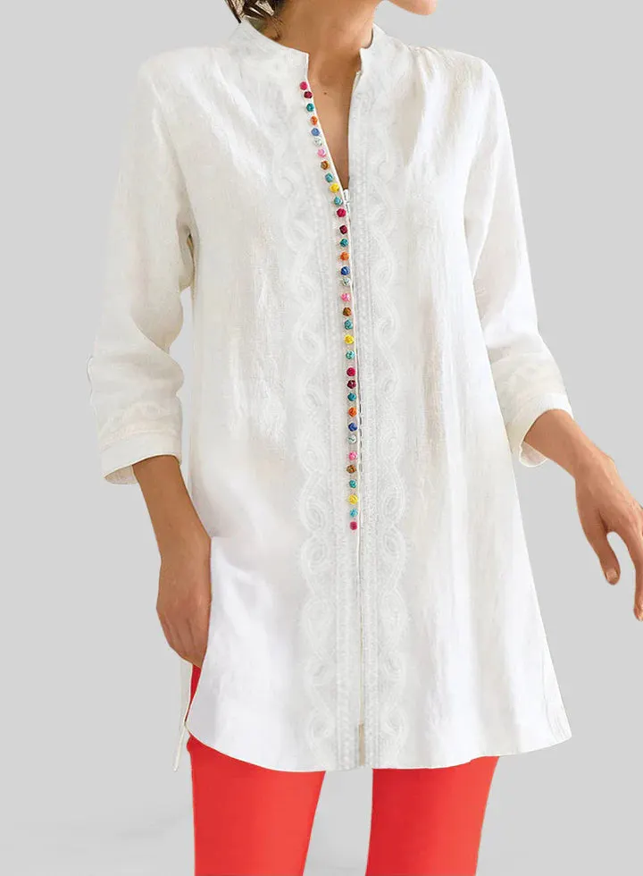 Long Sleeve Colorful Button Up Lace Linen Blouses