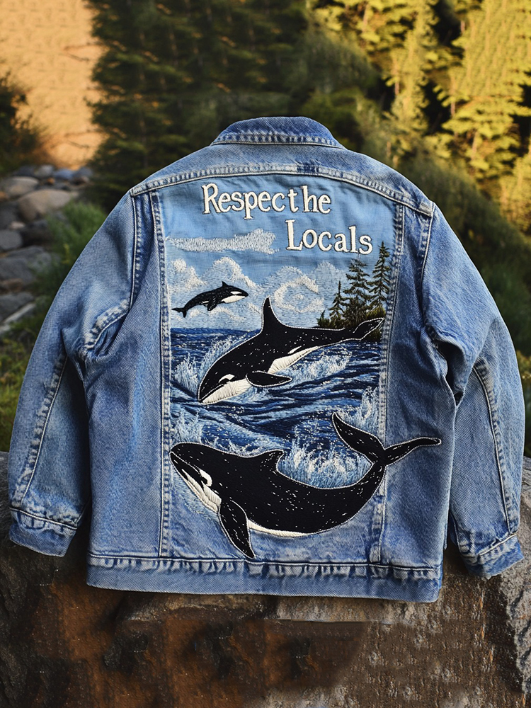 Retro Respect The Locals Waves And Killer Whales Embroidered Art Denim ...