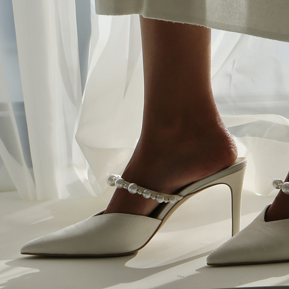 White Suede Closed Pointed Toe Mules With White Pearl Decorated Strappy ...