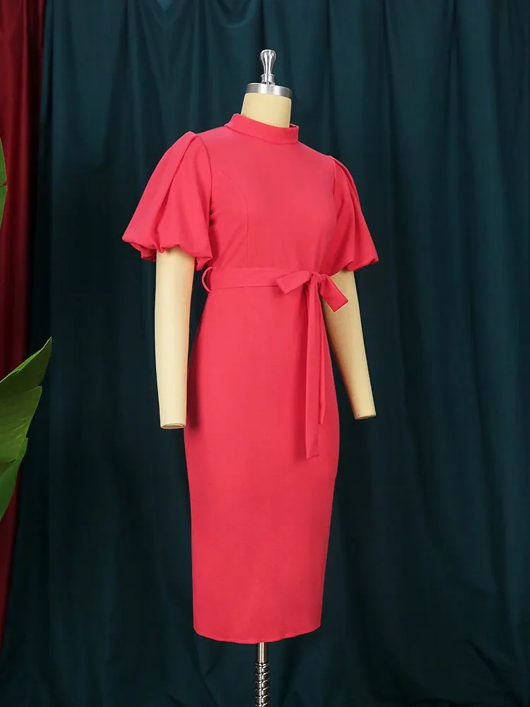 Woherb Bodycon Lantern Short Sleeves with Sashes Women Modest Ladies ...