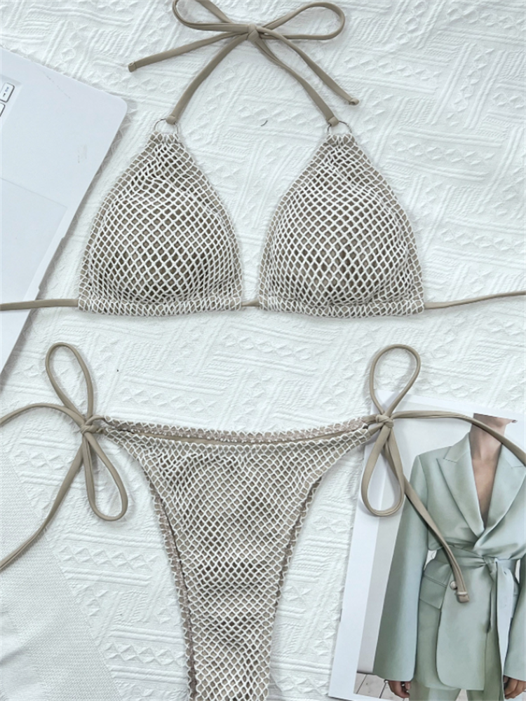 brownm Sexy Triangle Solid Micro Bikini Set Women's Swimsuit 2 Piece Bandage Mesh Swimwear Women ...