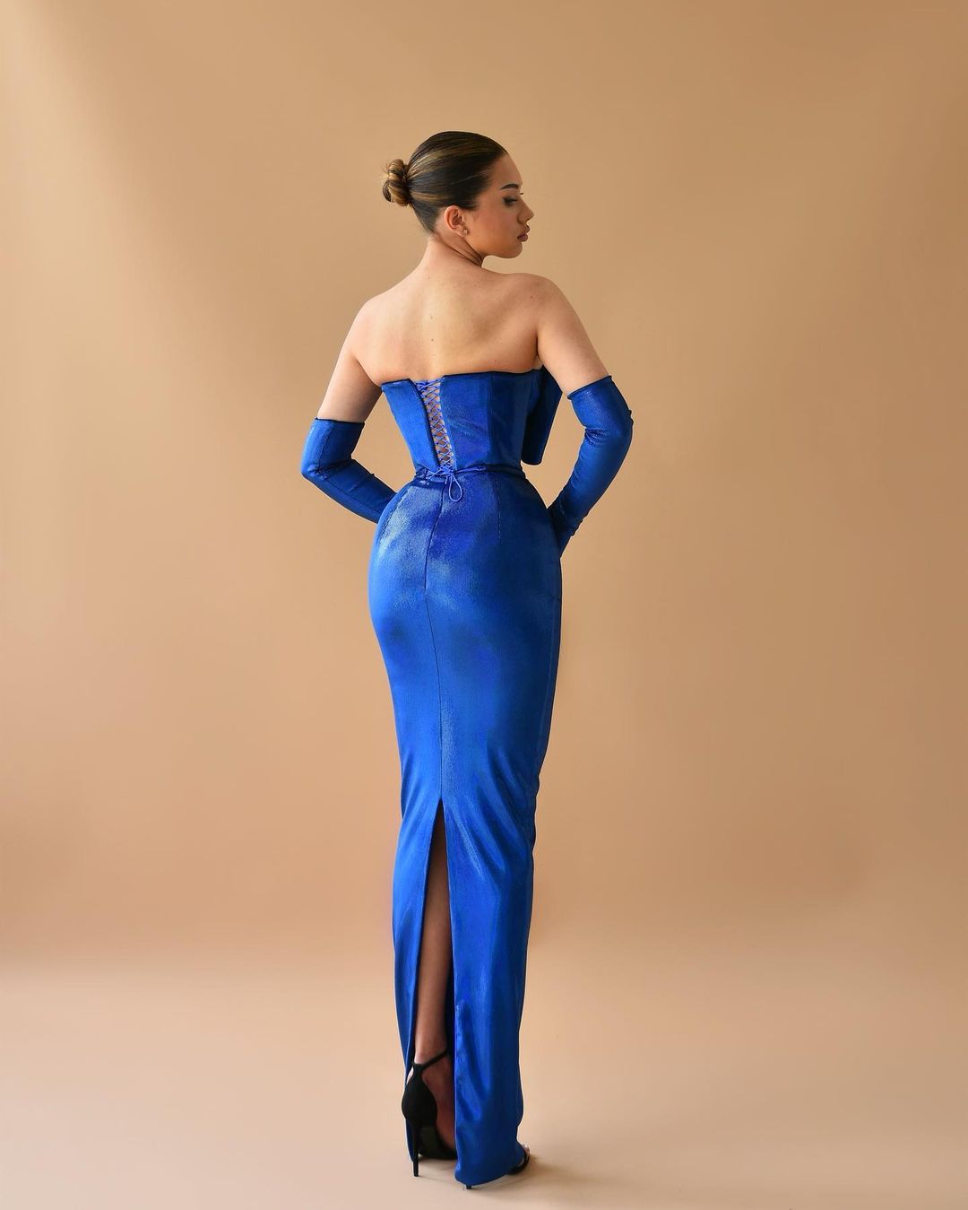 Miabel Royal Blue Strapless Split Prom Dress with Gloves