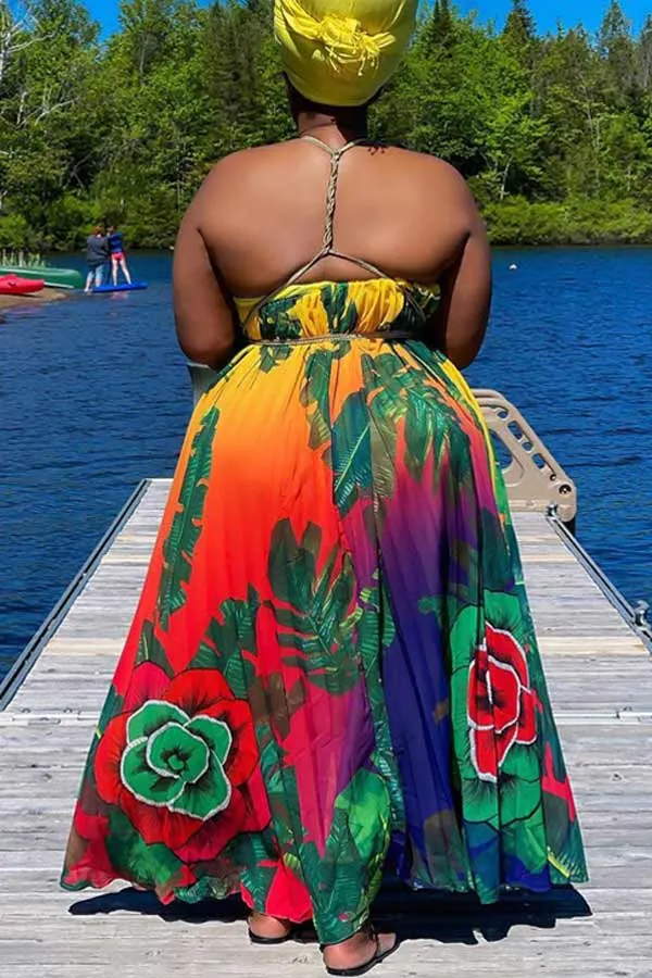 Fashion Frill Print Backless Plus Size Dress