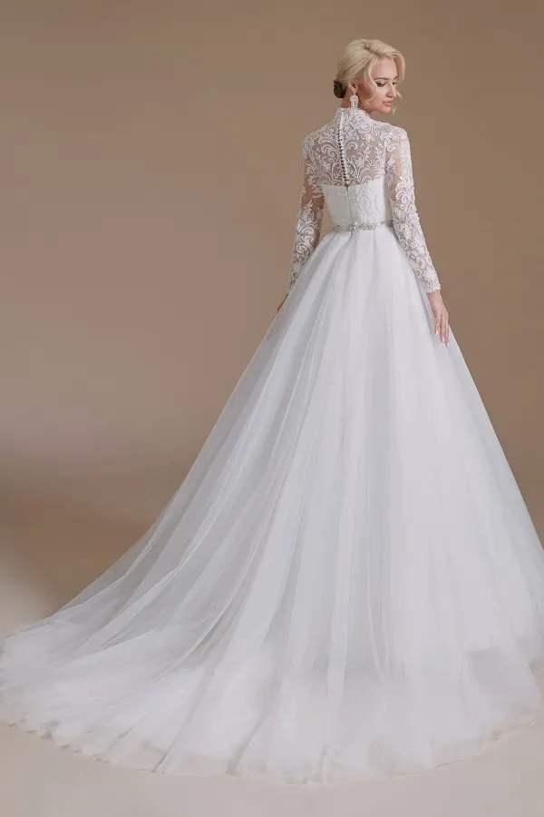 Modest A Line High Neck Long Sleeves Wedding Dress With Tulle Lace 3233