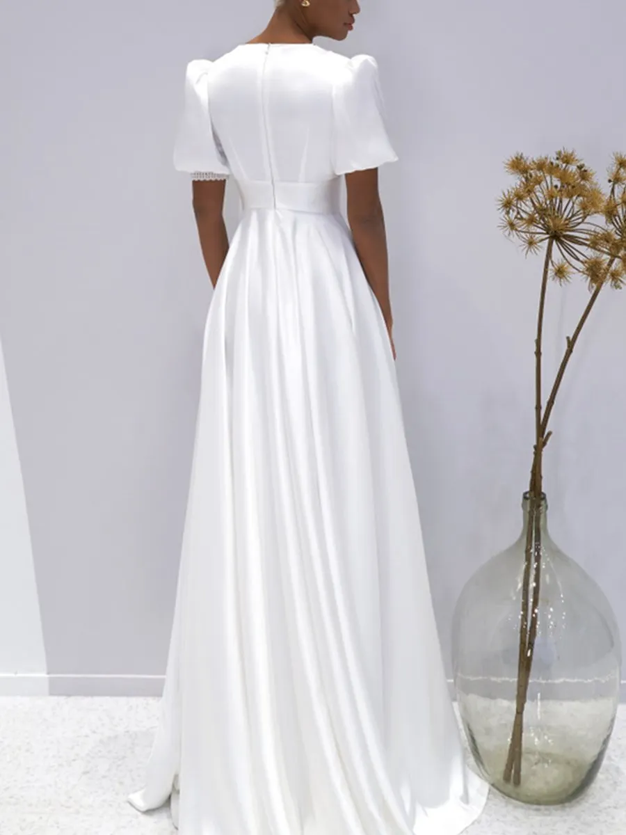 Long White Dress With White Trim Buttons