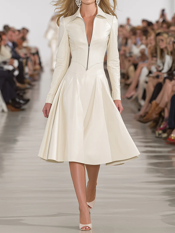 Soft Zipper Long Sleeves Skinny Lapel Midi Dresses