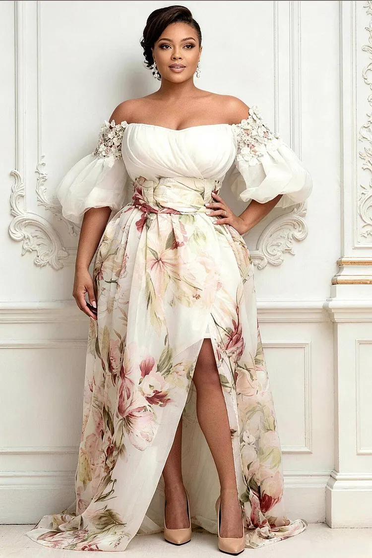 Xpluswear Design Plus Size Formal White Floral Off The Shoulder Puff ...