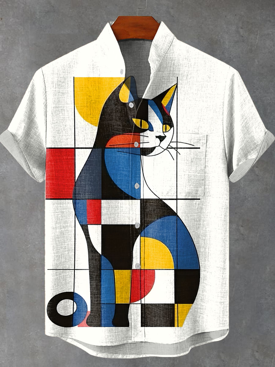 Color block cat Bauhaus Art Vintage Print Casual 100% Cotton Shirt