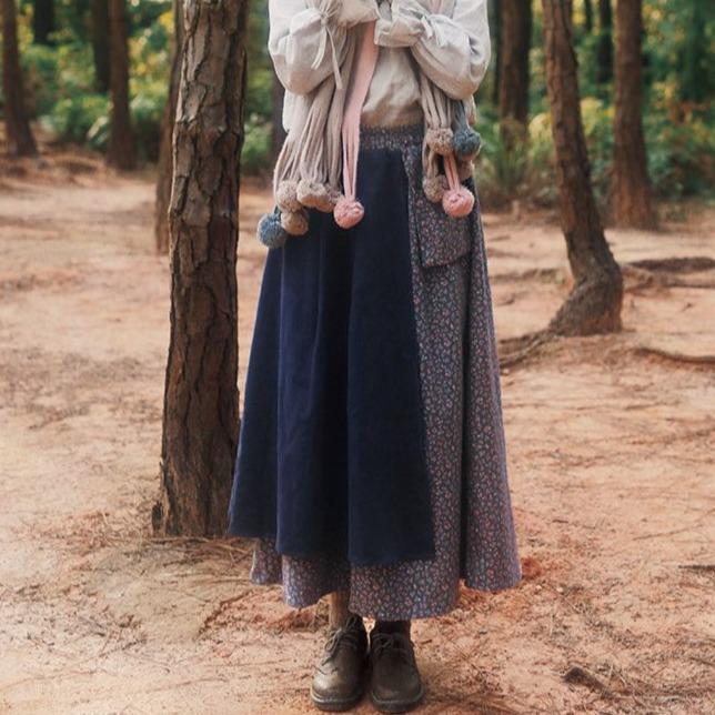 Farmcore Cotton Floral Corduroy Skirt