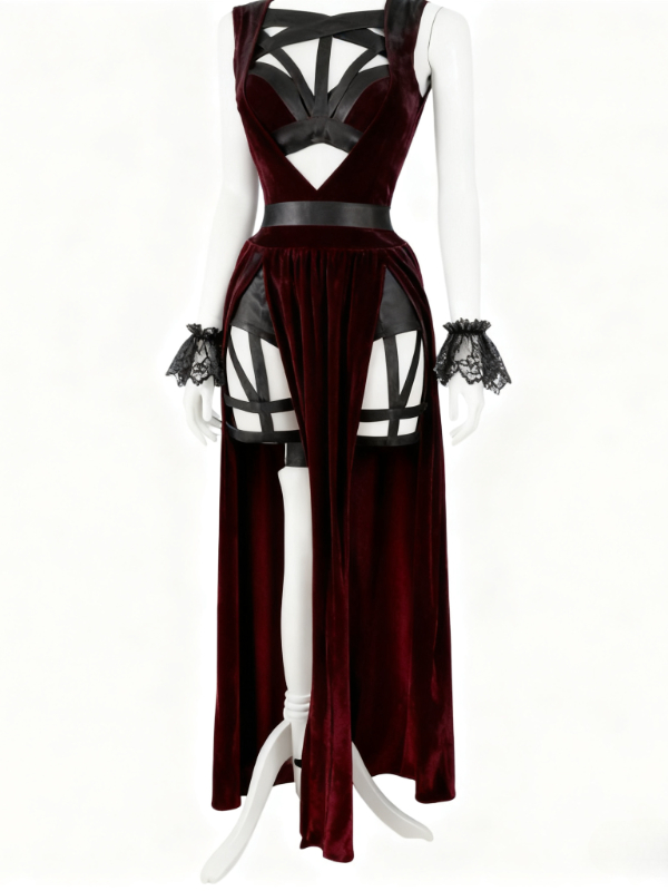 Gothic Dark Velvet Cutout Bandaged High Split Dress