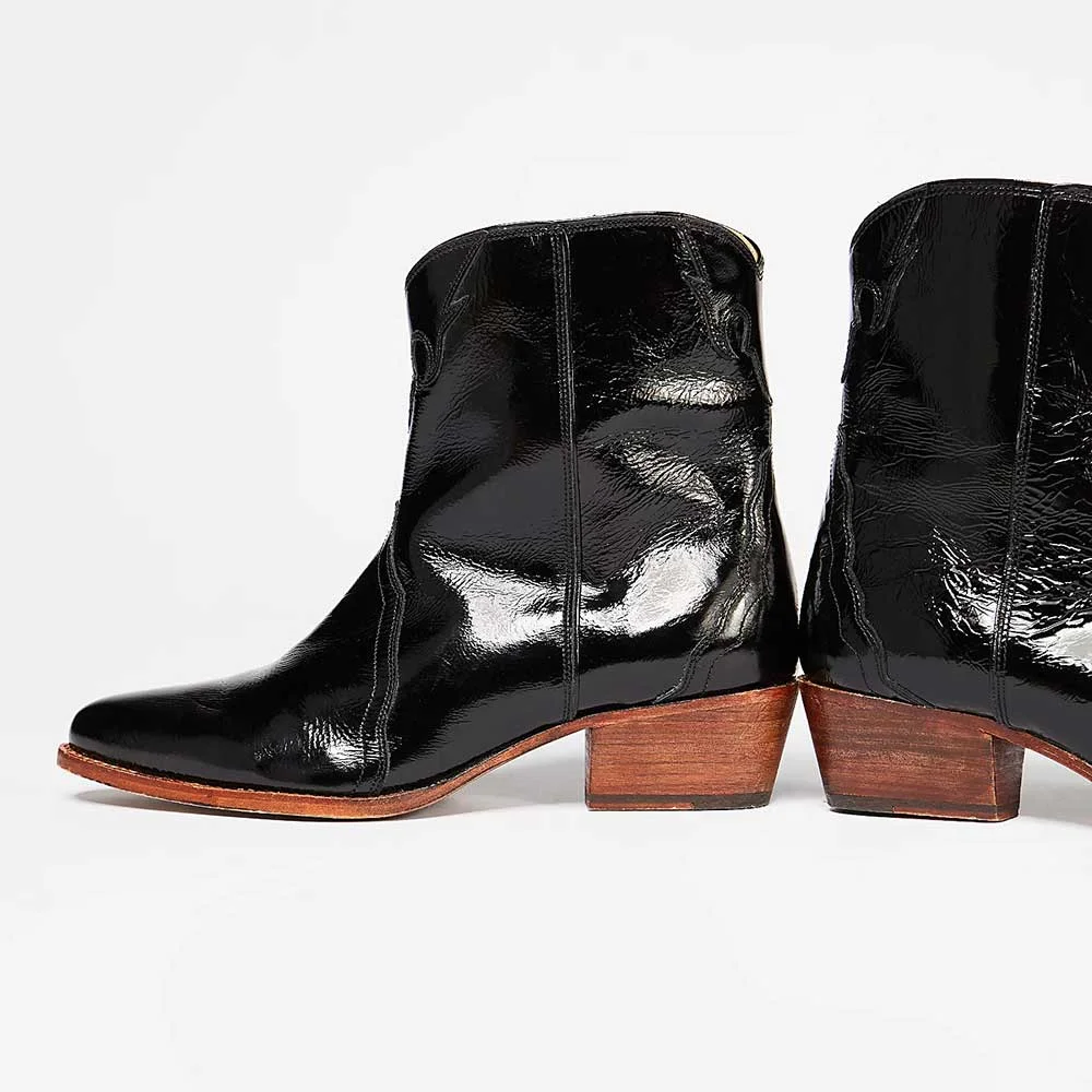 Black Patent Leather Booties Chunky Heel Western Boots for Women