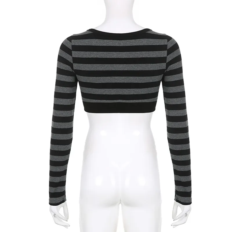 STRIPED U-NECK LONG SLEEVE CROP TOP