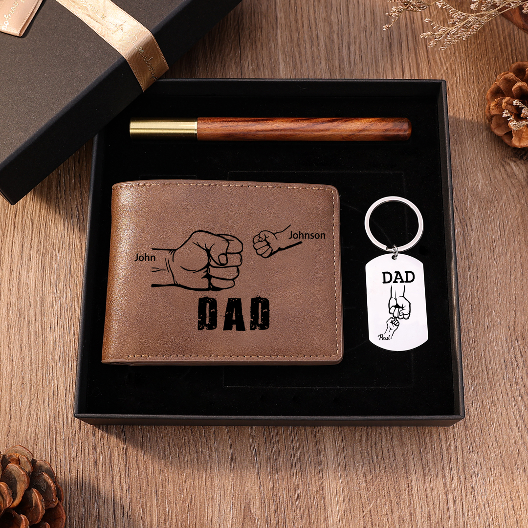 Personalised 3 Names Fist Bump Gift Set Custom Wallet & Keychain & Pen ...