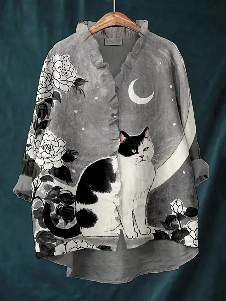 Cat In The Moonlight Graphic Linen Ruffle Shirt