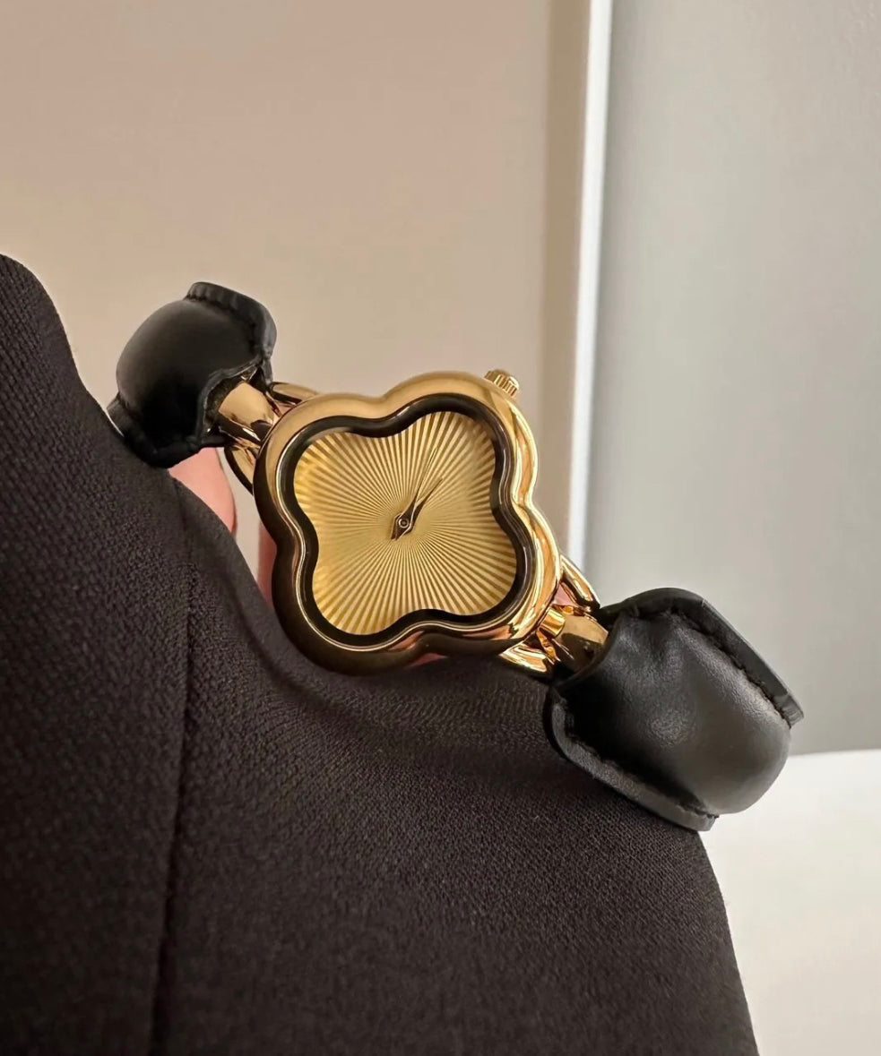 Original Design Black Alloy Leather Quartz Movement Four Leaf Clover ...