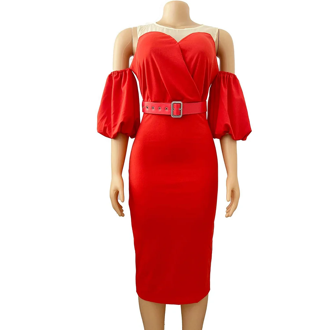 Woherb Bodycon Dresses for Women Puff Sleeve Bare Shoulder with Belt ...