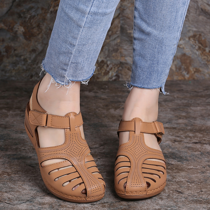 New Closed Toe Hollow-out One-Word Wedge Roman Sandals | For Mature ...