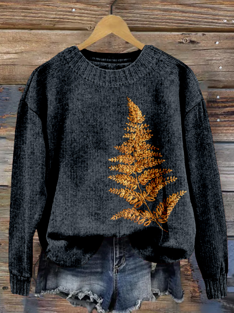 Bracken Leaf Embroidery Art Cozy Knit Sweater