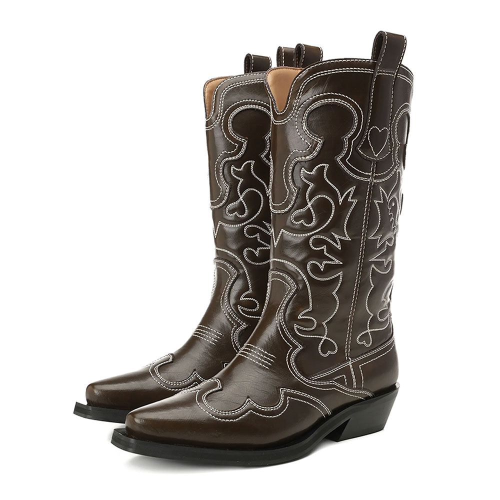 Dark Brown Snip Toe Stitching Patterns Cowboy Boots for Women