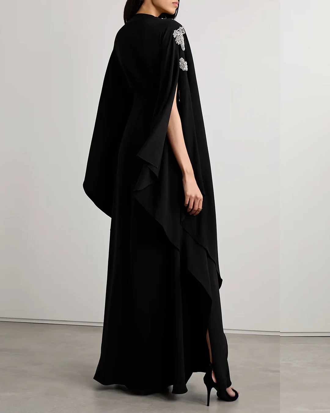 Belted cape-effect crystal-embellished cady gown