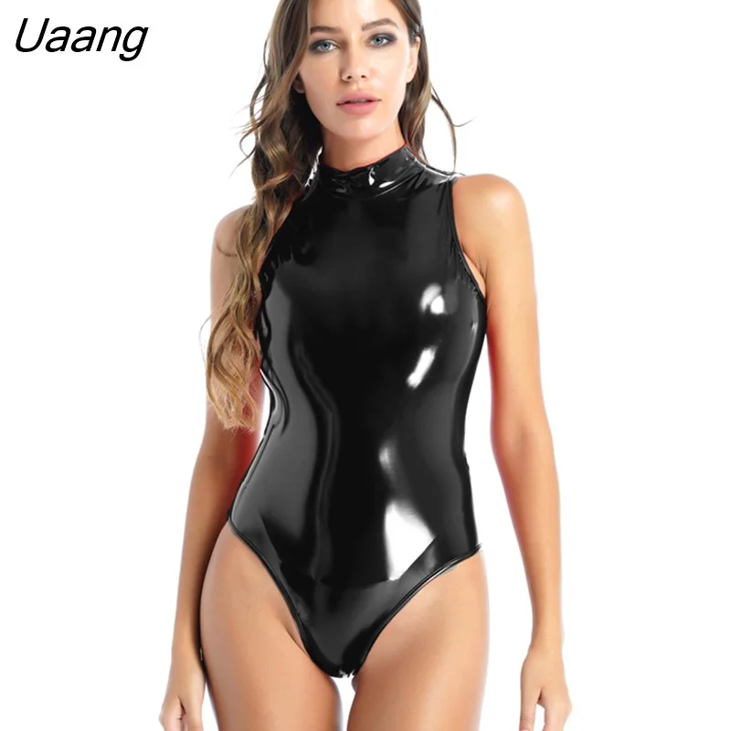 Uaang Patent Leather Bodysuit Womens High Collar Sleeveless Pole Dance Costume PU Latex High-cut ...