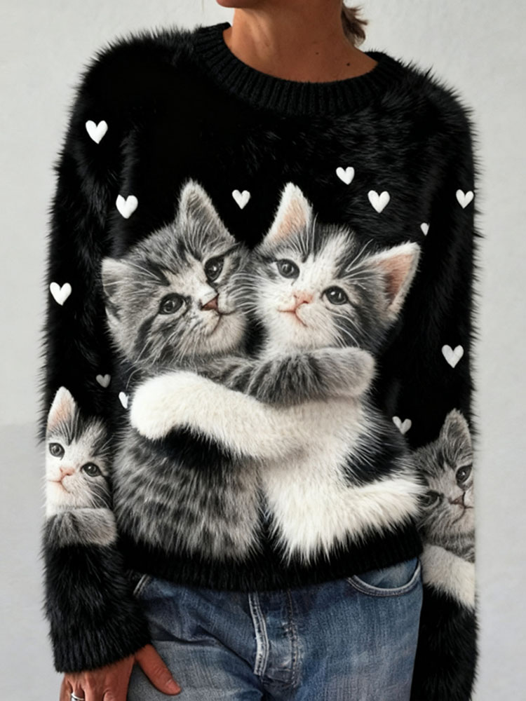 lareven Women's Cute Cat Pattern Cozy Knit Sweater