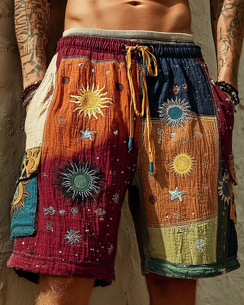 Men's star and moon embroidered rainbow contrast stitching shorts 9720