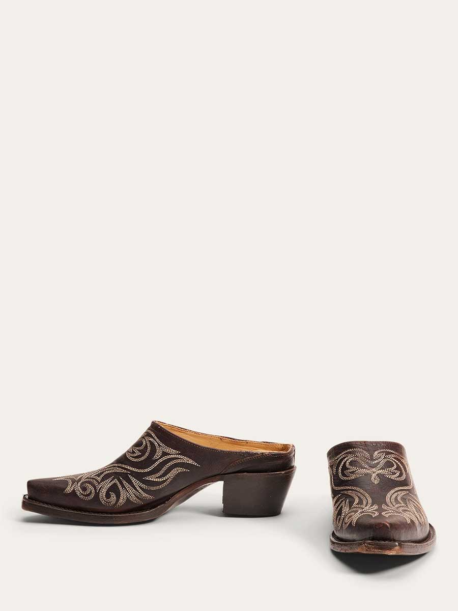 Vintage Brown Snip Toe Embroidered Details Heeled Western Mules