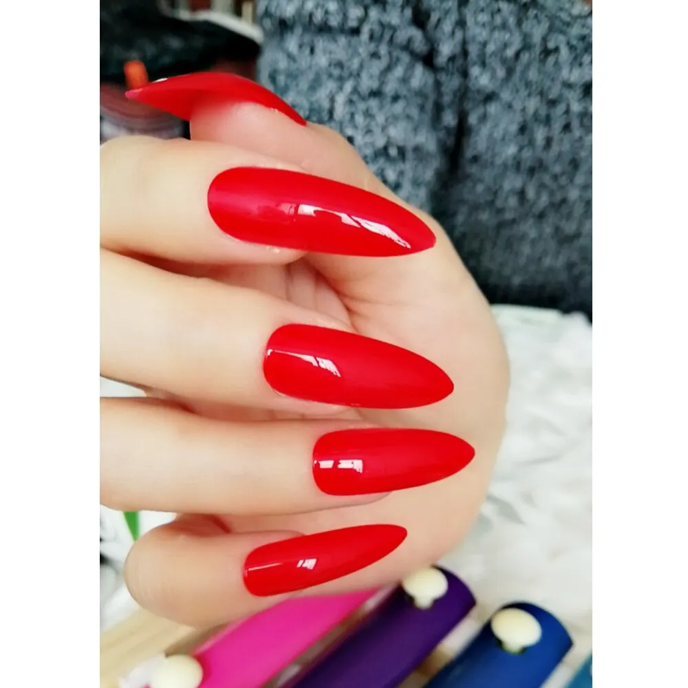 Chinese Red Long Coffin Nails Sexy Glossy Extreme Press On Fake Nails ...
