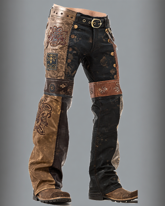Men's Punk Patchwork Contrast Leather Pants d6bd