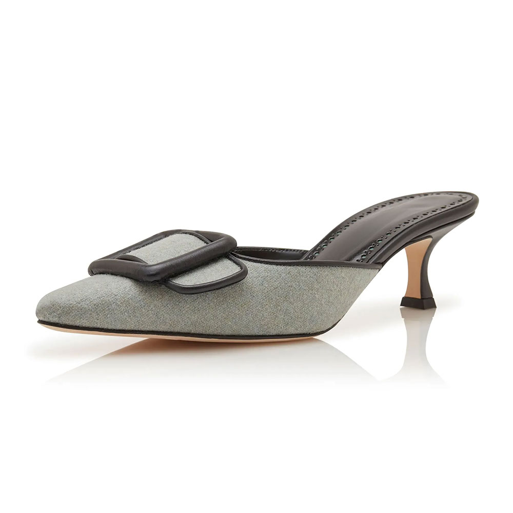 Grey Pointed Toe Kitten Heel Slip-On Mules Shoes with Buckle Decor