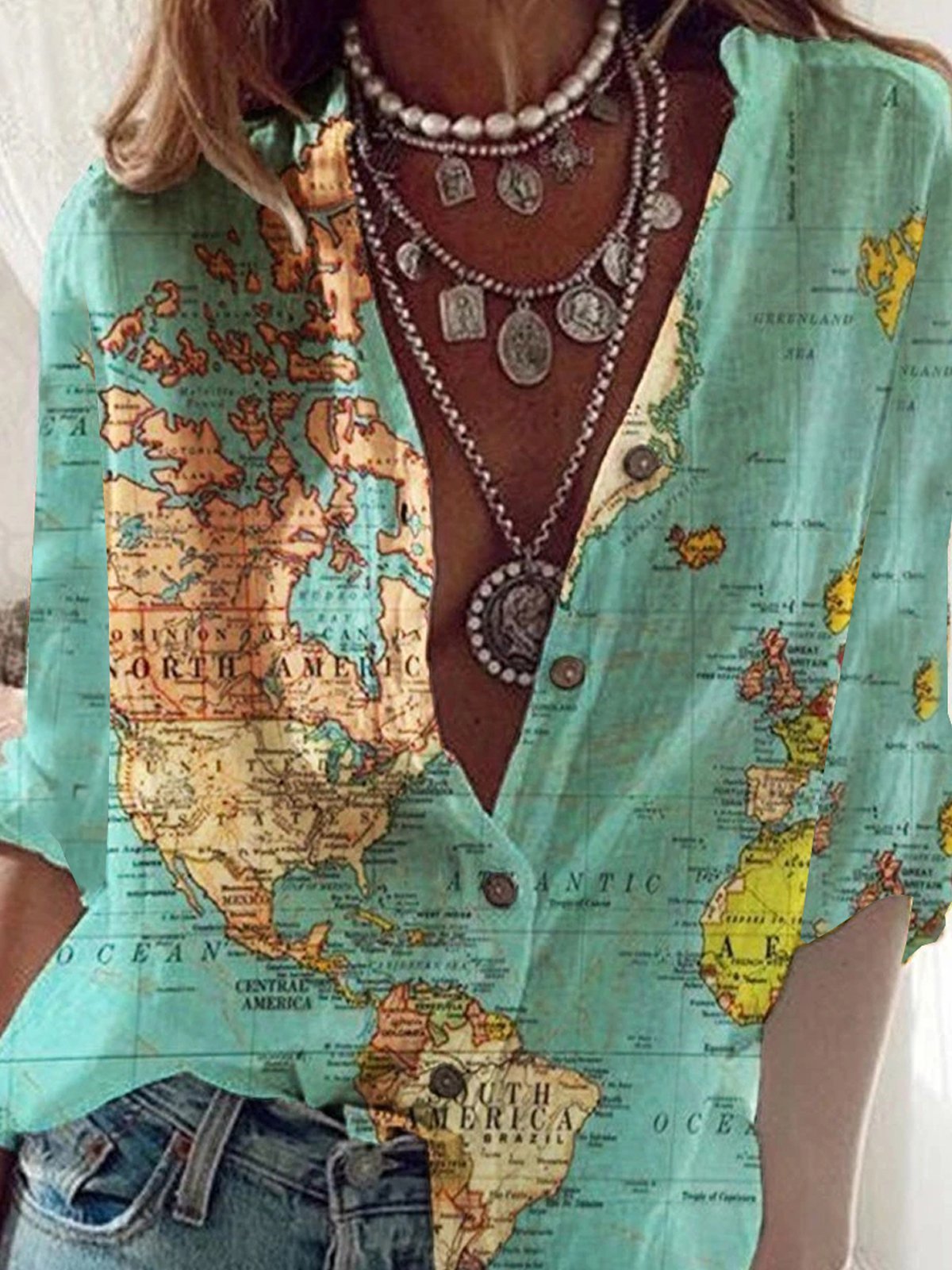 Casual Cotton-Blend Long Sleeve map shirt