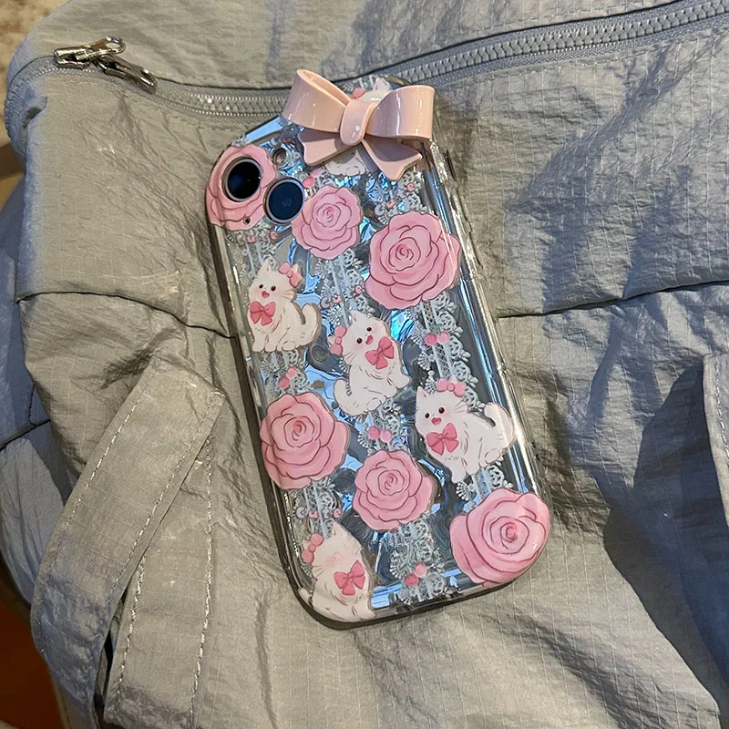 Kawaii Cartoon Pink Cats and Roses Phone Case