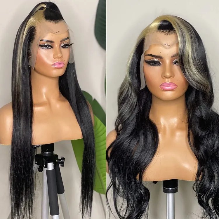 Skunk Stripe Highlight Black and Blonde Virgin Human Hair Lace Front Wig