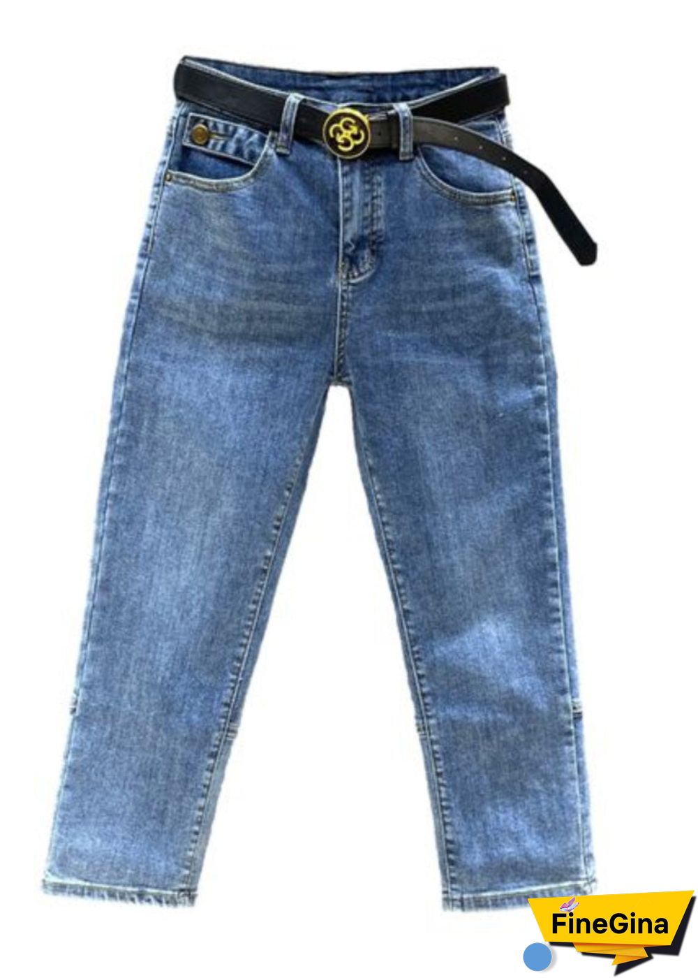 FineGina DIY Denim Blue High Waist Sashes Crop Pants Summer