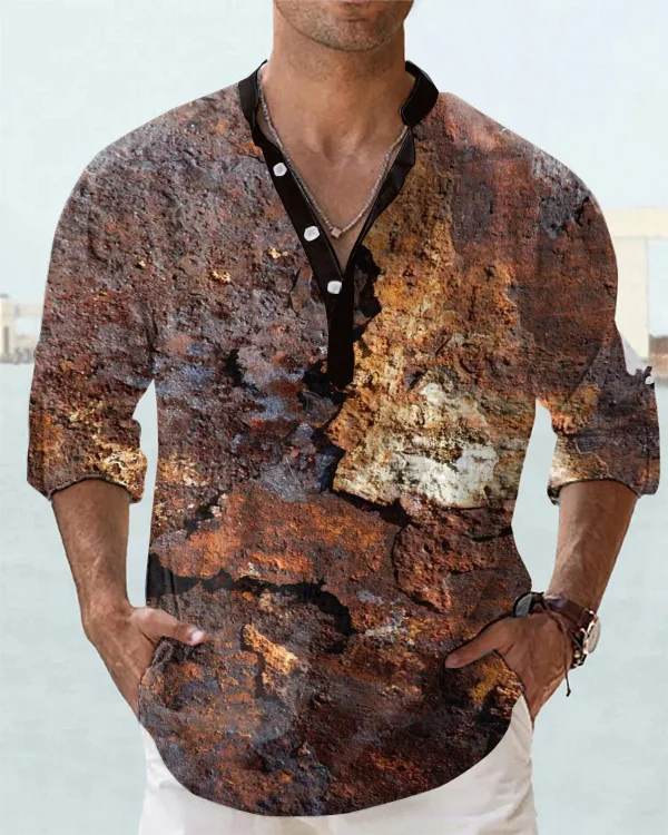 Men's Distressed Rust Print Long Sleeve Stand Collar Shirt