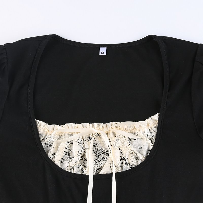 LACE SQUARE NECK TIE SHORT SLEEVE TOP