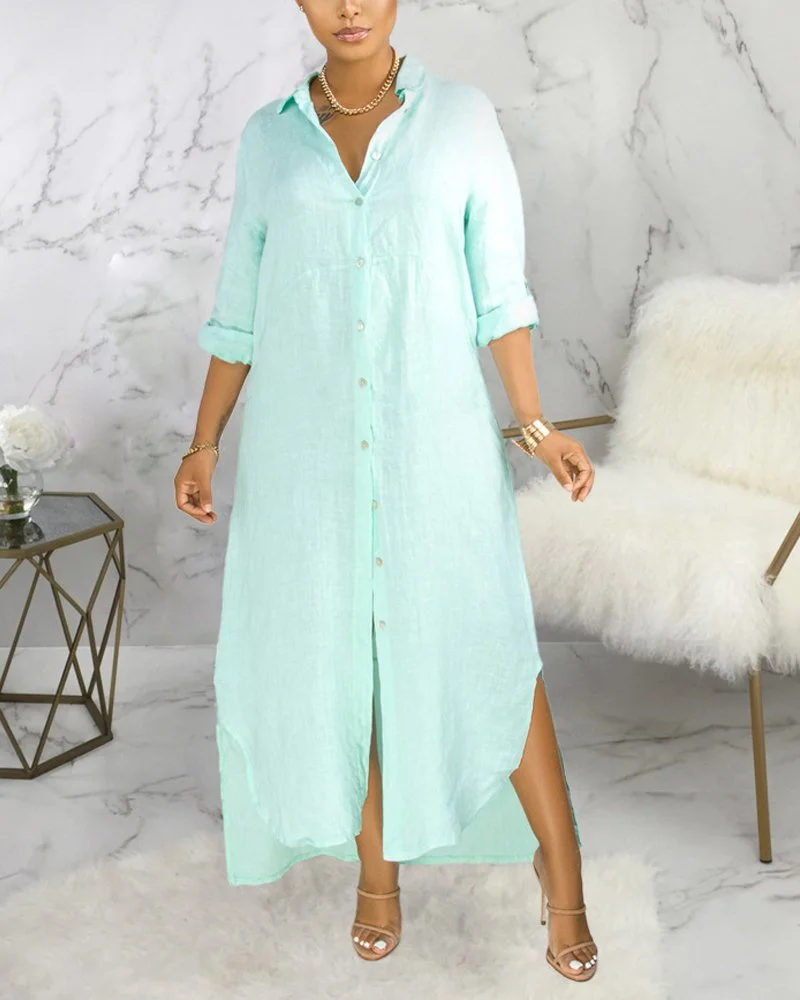 Solid Color Buttons Down Side Slit Shirts Maxi Dresses