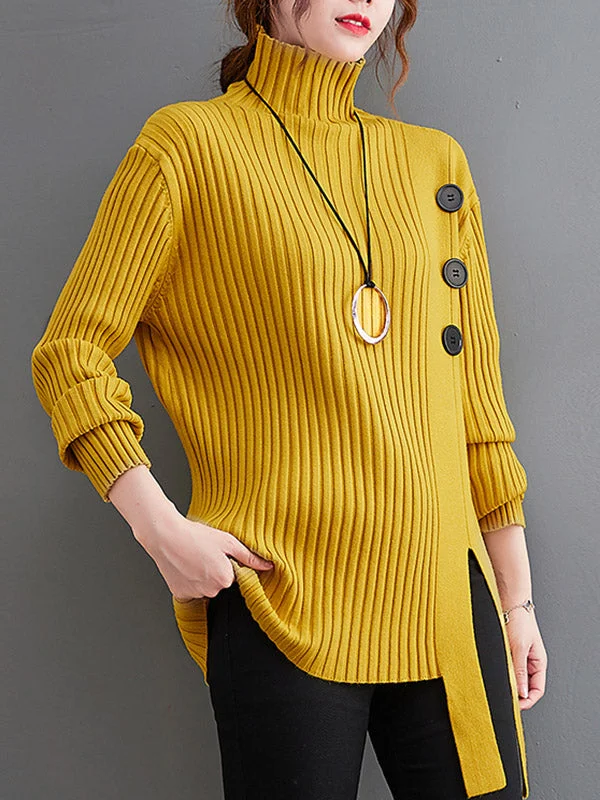 Urban Buttoned Split-Side Asymmetric Split-Joint High-Neck Sweater
