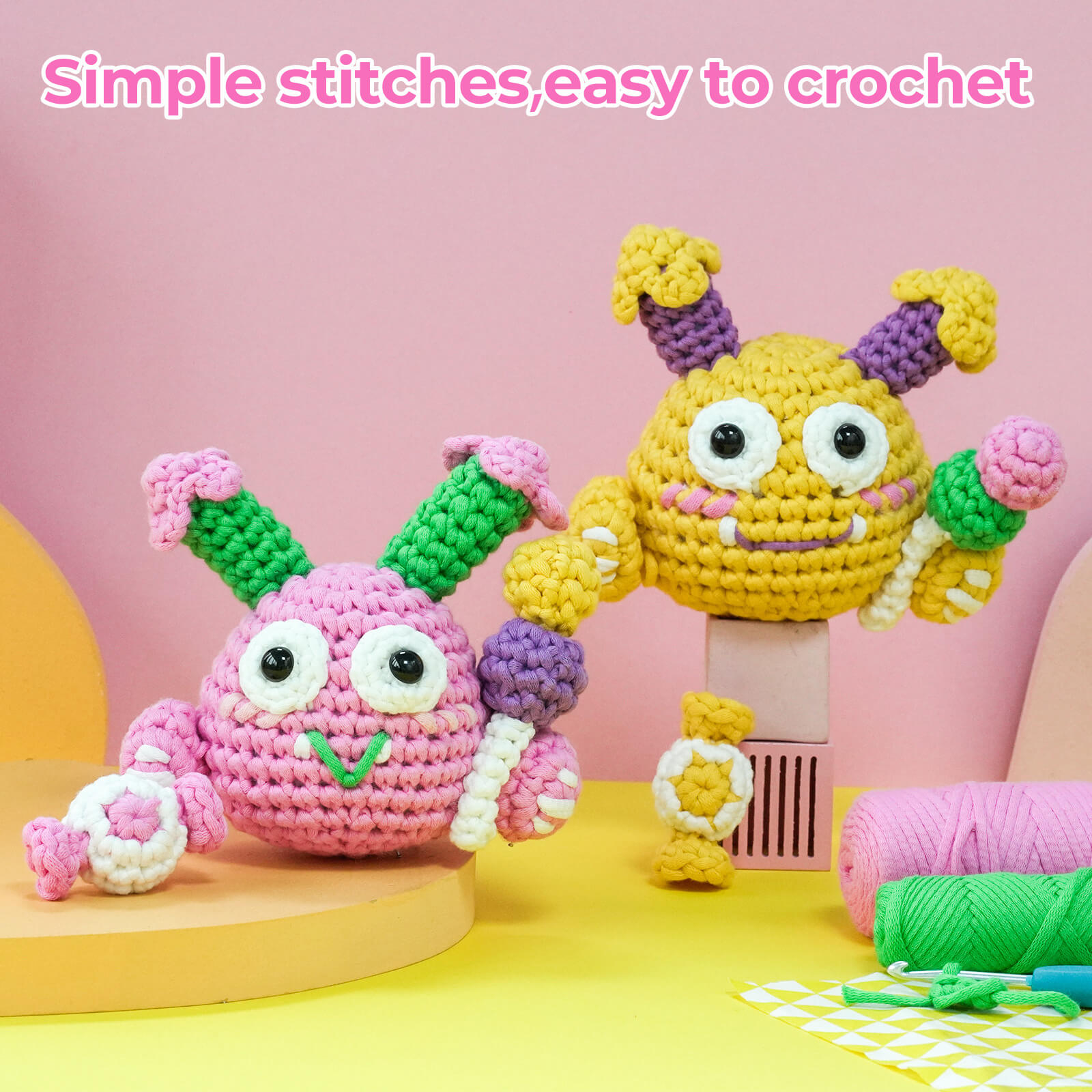 Mewaii® Crochet Pink And Yellow Monster Crochet Kit for Beginners with ...