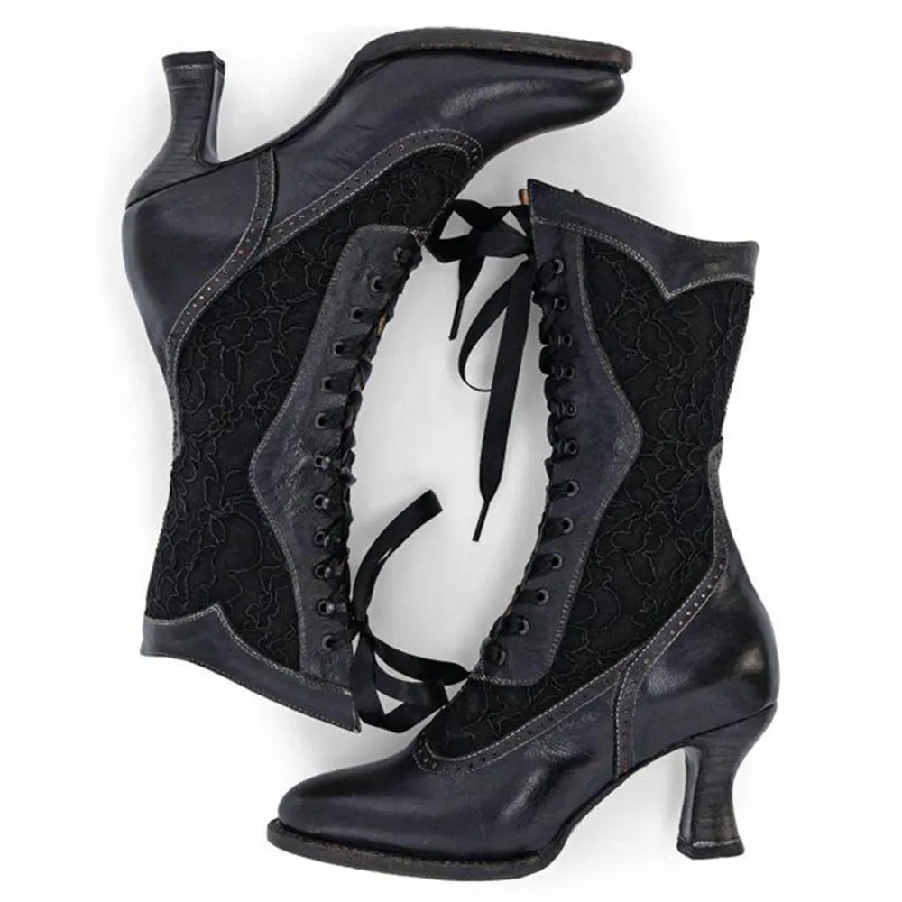 Black Lace Almond Toe Spool Heel Mid Calf Boots for Women with Ribbon